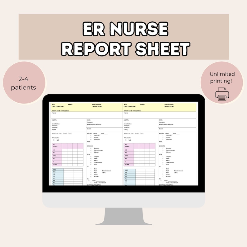 Emergency Room Nurse Report Sheet (2-4 Patients) | ER Shift Handover ...