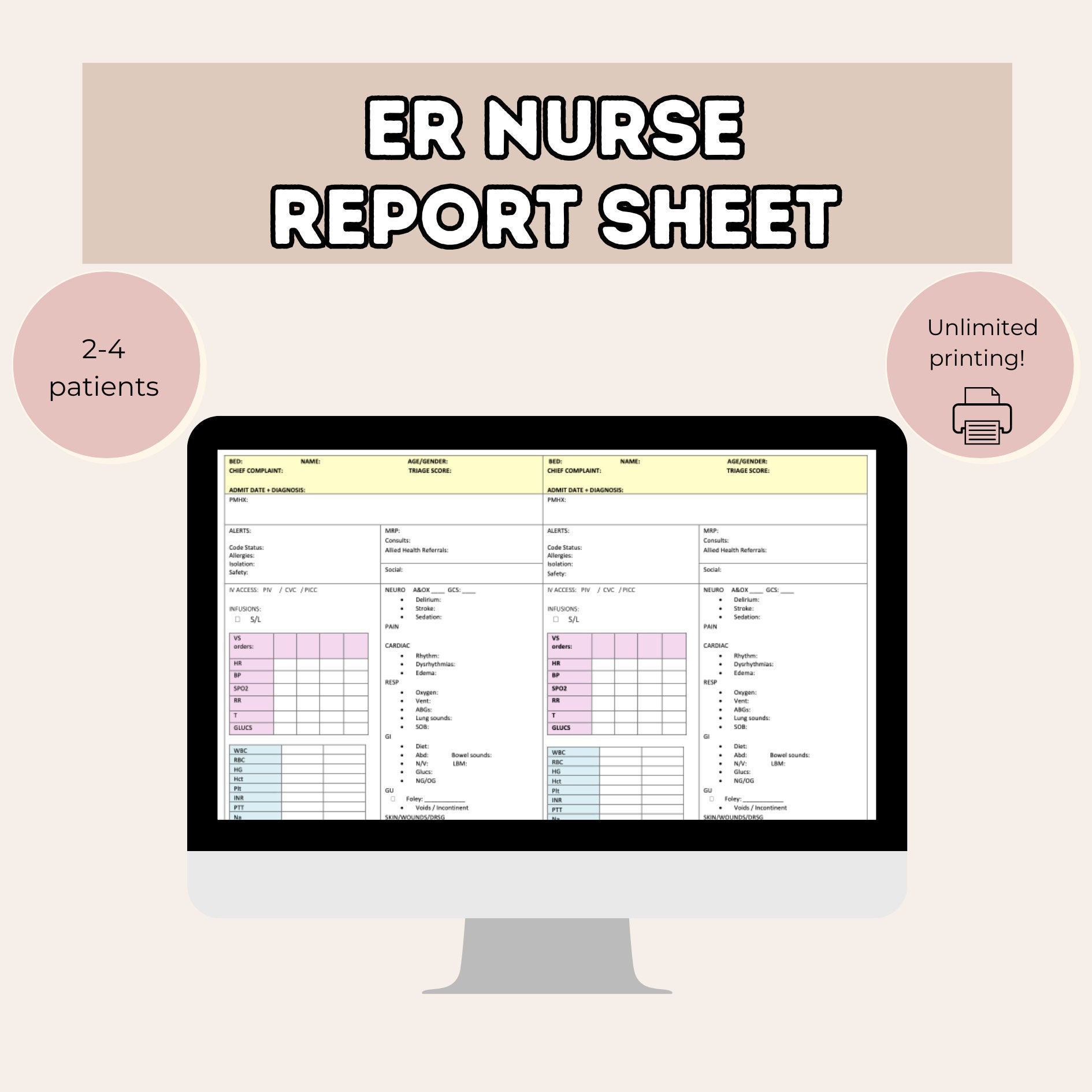 Emergency Room Nurse Report Sheet (2-4 Patients) | ER Shift Handover ...