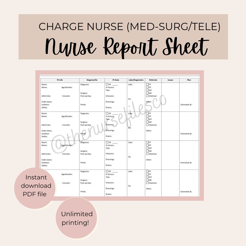 Charge Nurse Report Sheet Charge RN Report Head Nurse - Etsy