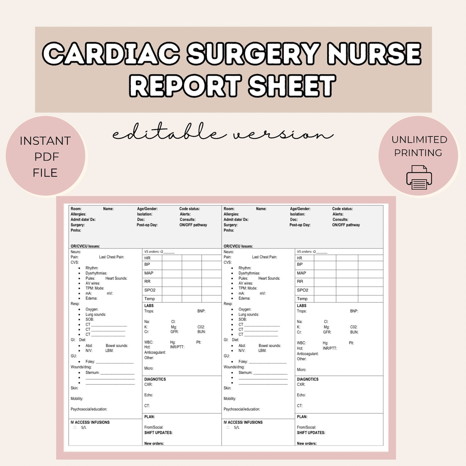 EDITABLE Cardiac Surgery Nurse Report Sheet Cardiac Surgery Nurse ...