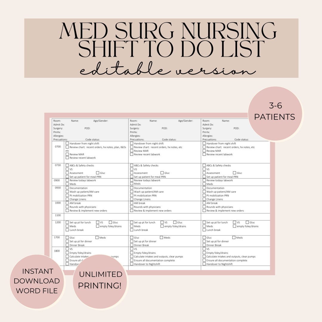 Nurse to Do List EDITABLE Shift to Do List Nurse - Etsy