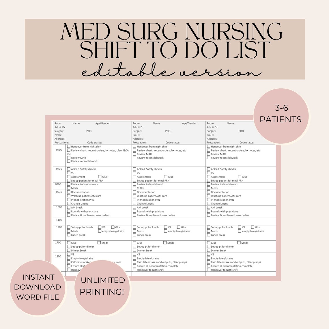 Nurse to Do List EDITABLE Shift to Do List Nurse - Etsy