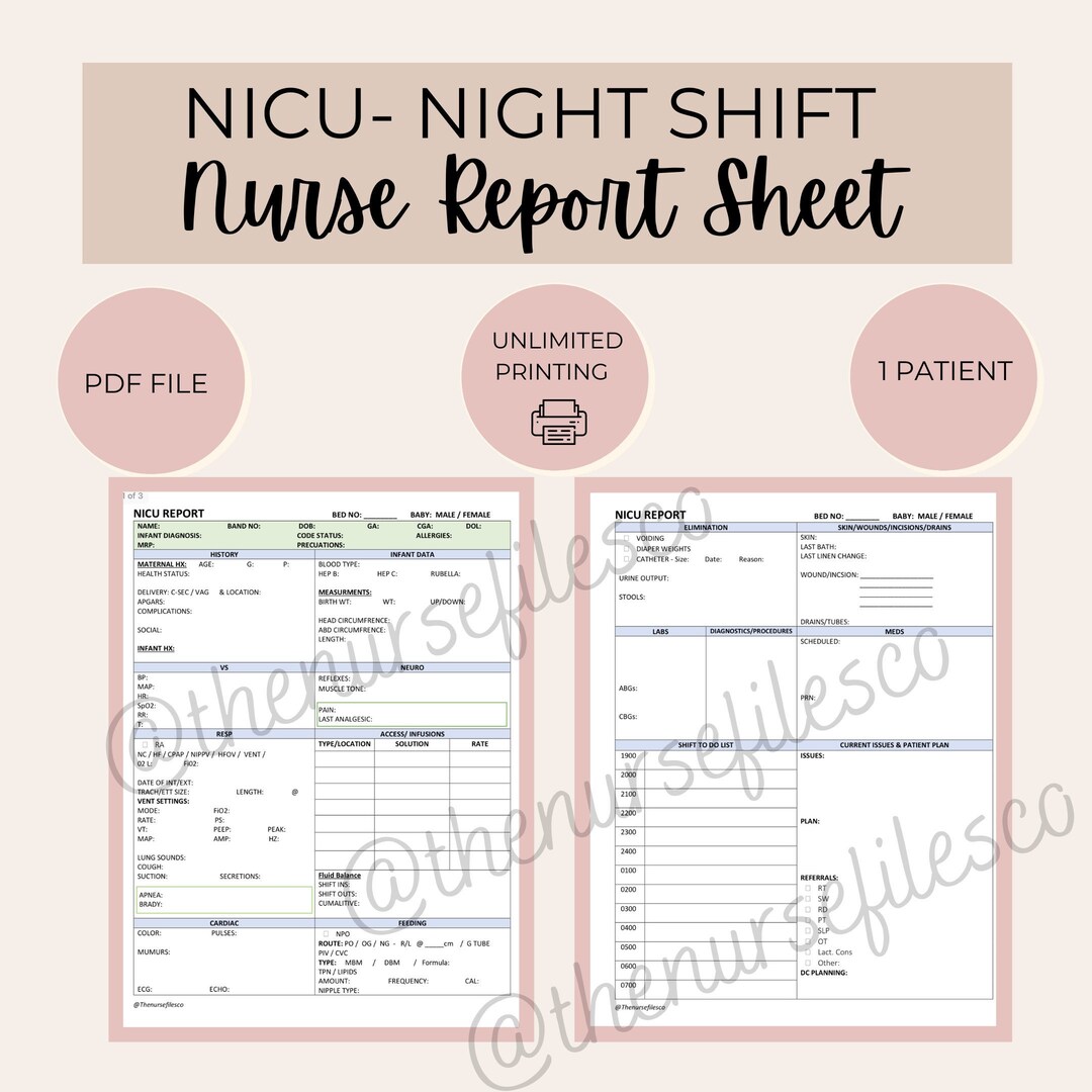 NICU Night Shift Report NICU Handover Template NICU Nurse - Etsy