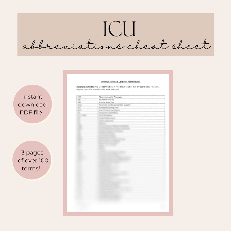 ICU Abbreviations Cheat Sheet | ICU Nursing Cheat Sheet - Etsy