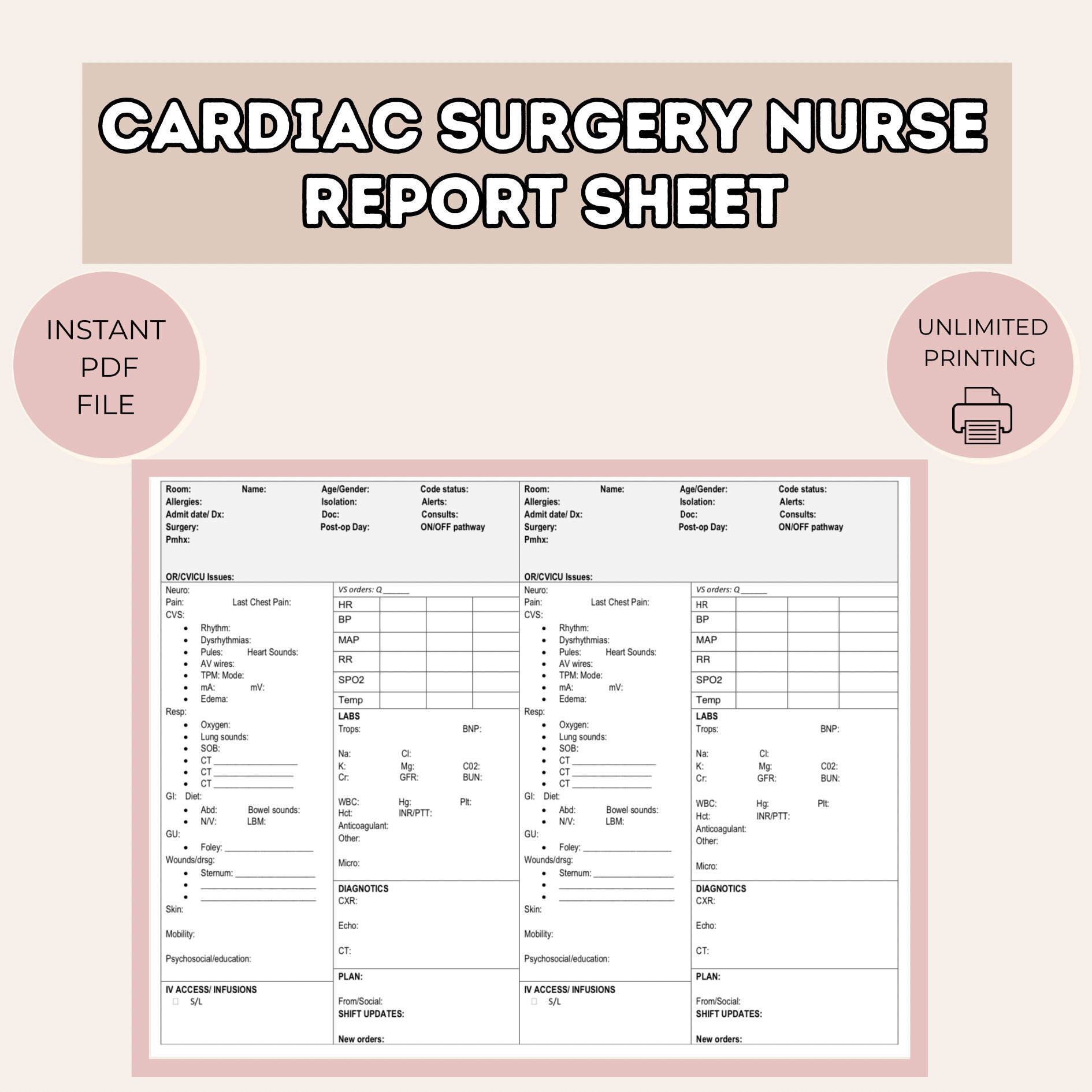 Cardiac Surgery Nurse Template Cardiac Surgery Nurse Report - Etsy