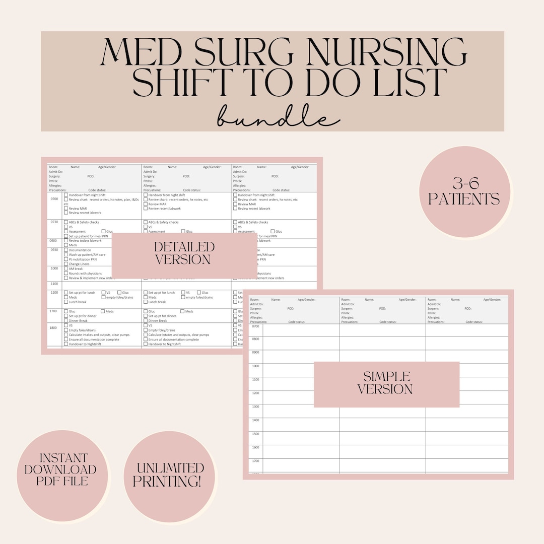 Med Surg Nurse Shift to Do List Bundle | Nurse Organization | Clinical ...