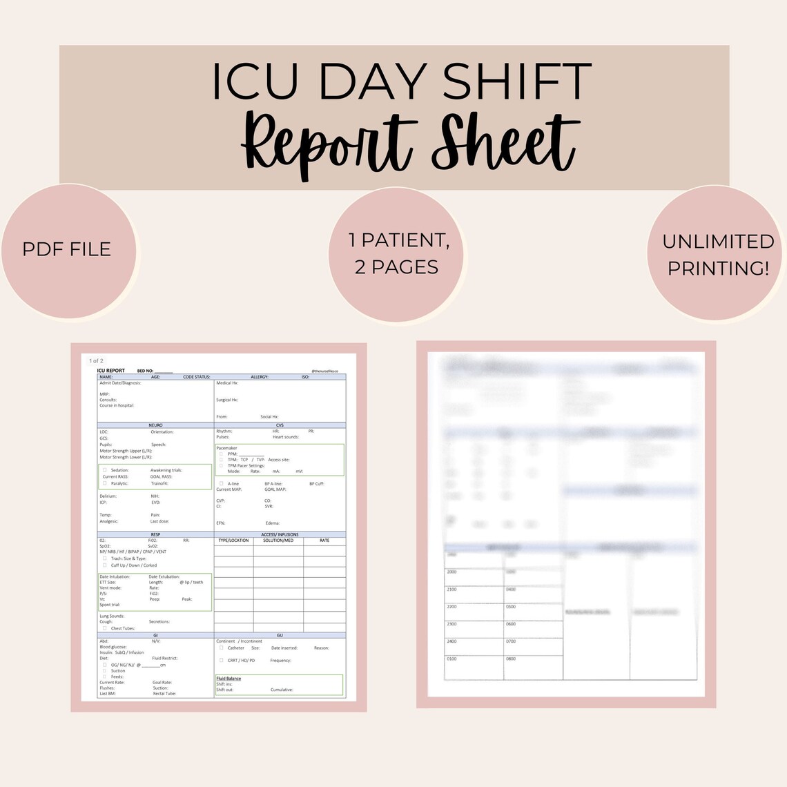 ICU Day Shift Nurse Template ICU Nurse Report Sheet ICU - Etsy