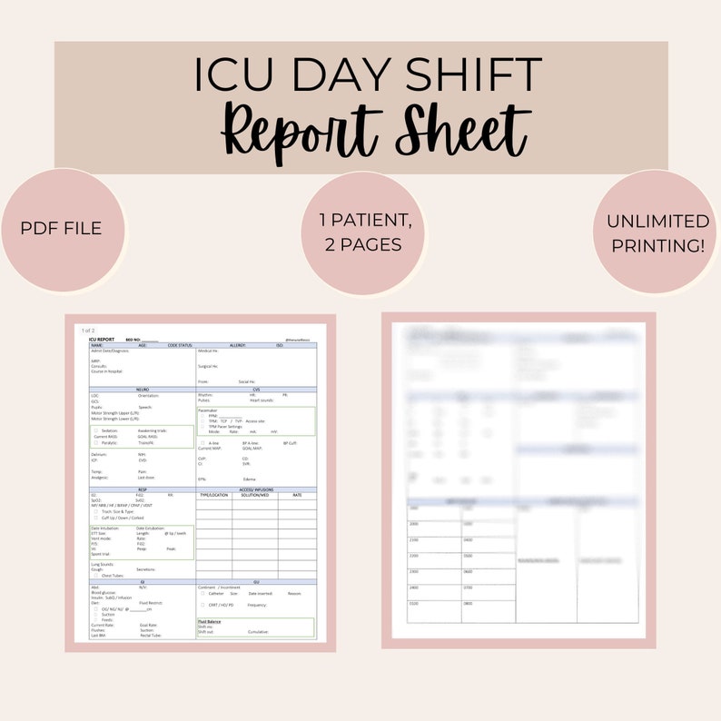 ICU Day Shift Nurse Template ICU Nurse Report Sheet ICU - Etsy