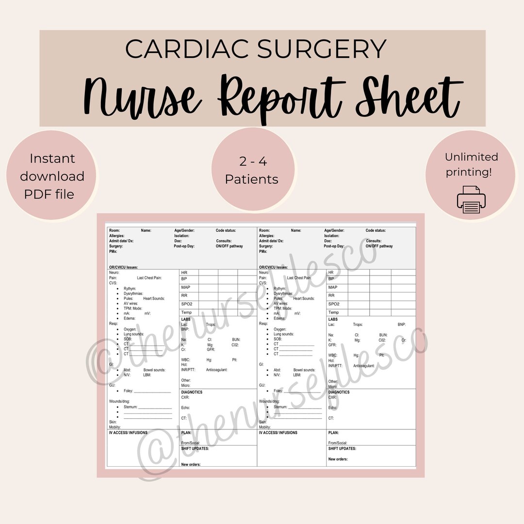 Cardiac Surgery Nurse Template Cardiac Surgery Nurse Report - Etsy