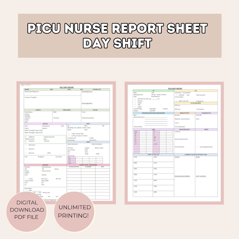 PICU Nurse Report Sheet DAY Shift | Pediatric ICU Nurse Report - Etsy