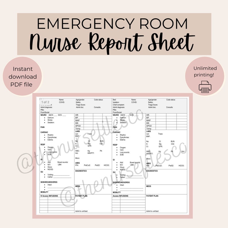 Emergency Room Nurse Report Sheet 2-4 Patients ER Shift - Etsy