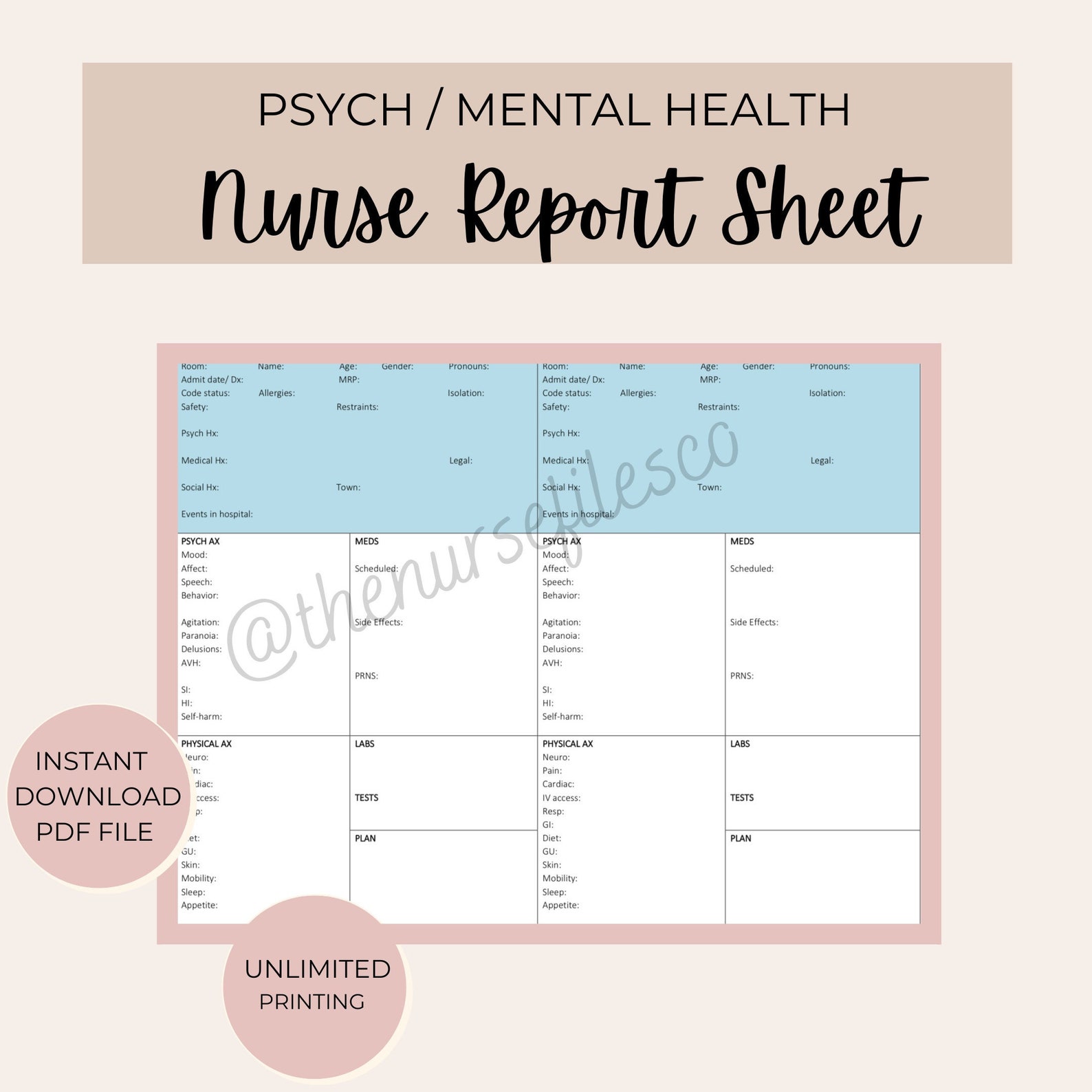 Psych Nurse Report Sheet Mental Health Nurse Report - Etsy