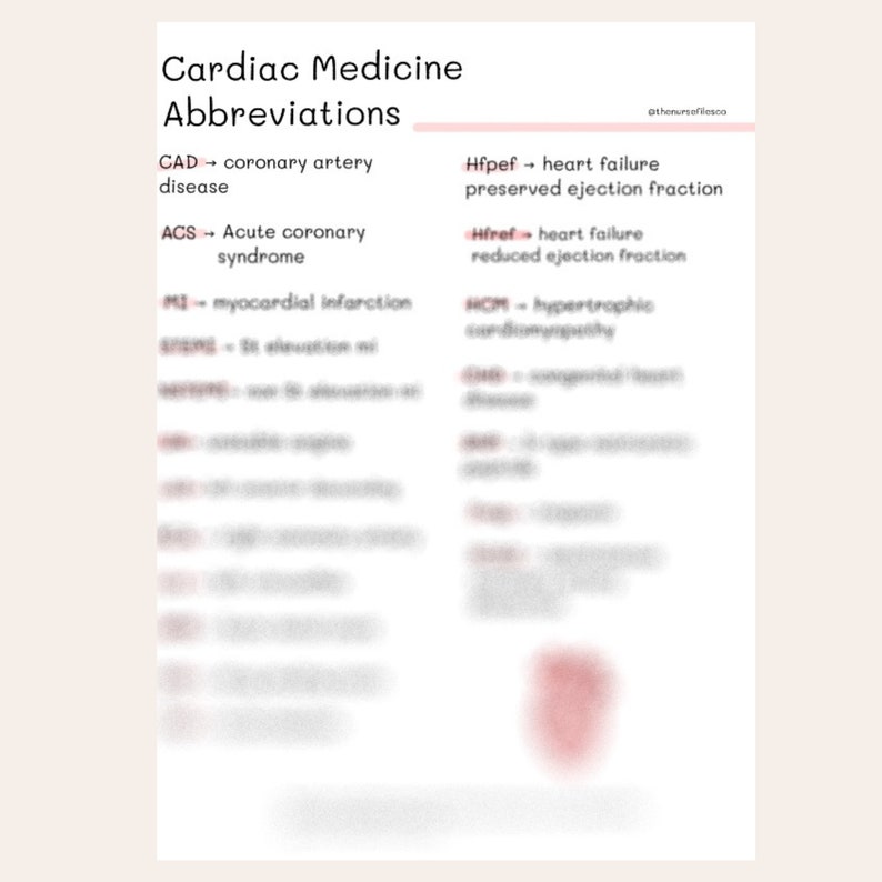 Cardiac Abbreviations Cheat Sheet Nursing Student Cheat - Etsy