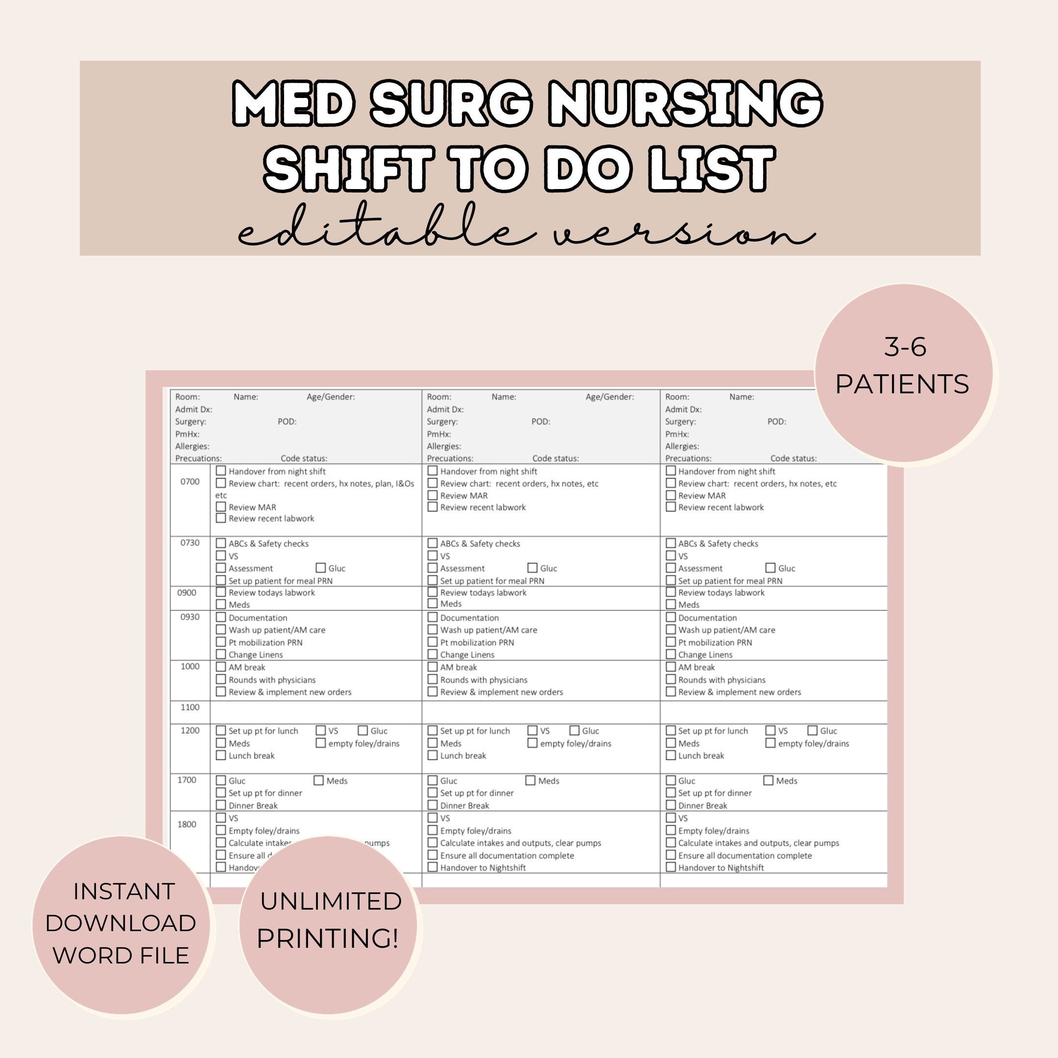 Nurse to Do List (EDITABLE) | Shift to Do List | Nurse Organizer - Etsy