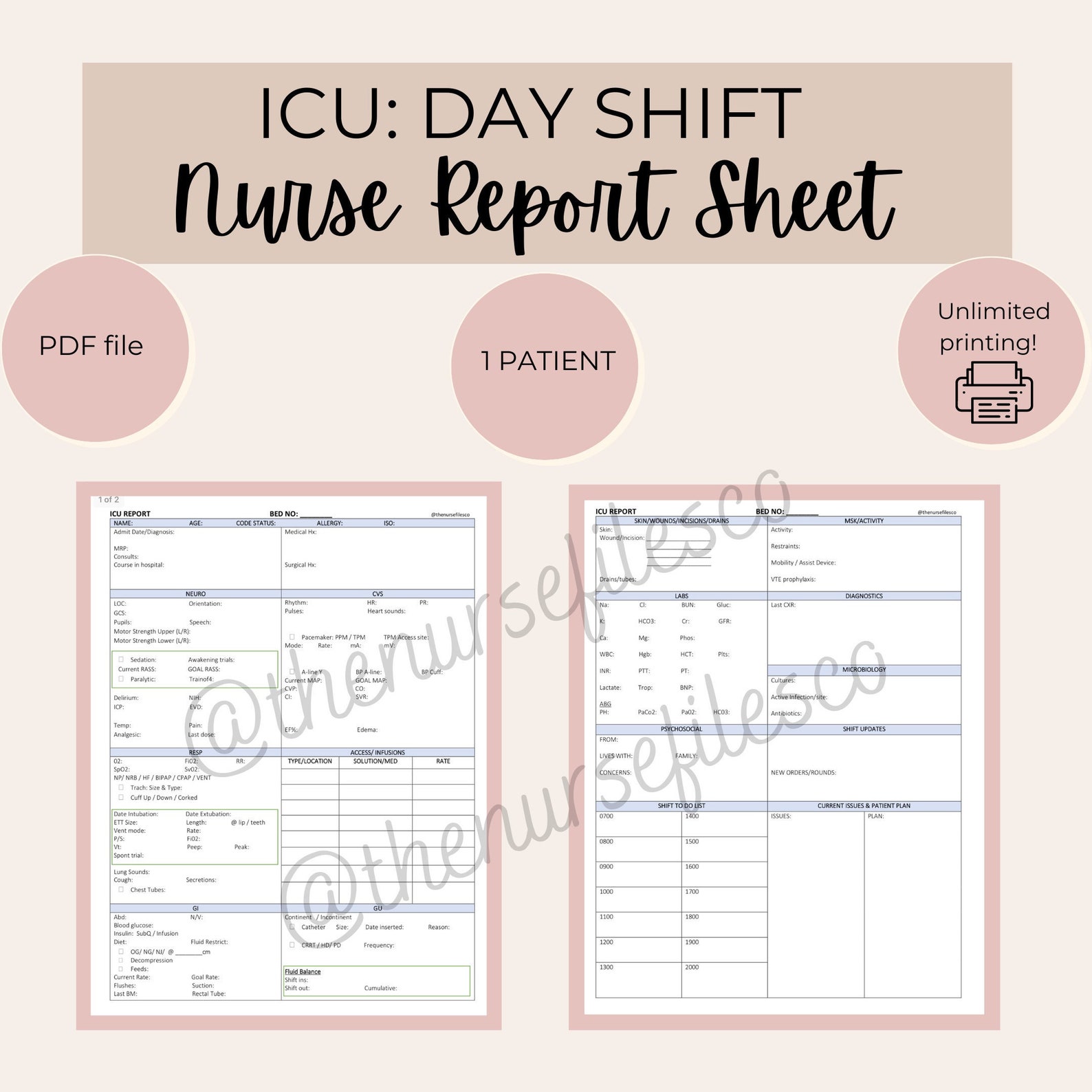 ICU Day Shift Nurse Template ICU Nurse Report Sheet ICU - Etsy