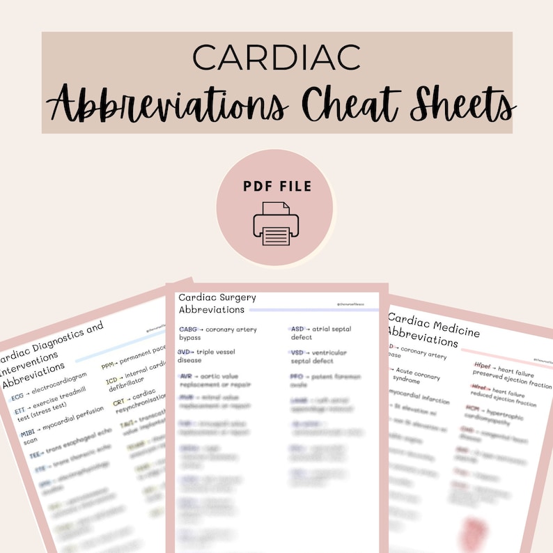 Cardiac Abbreviations Cheat Sheet Nursing Student Cheat - Etsy