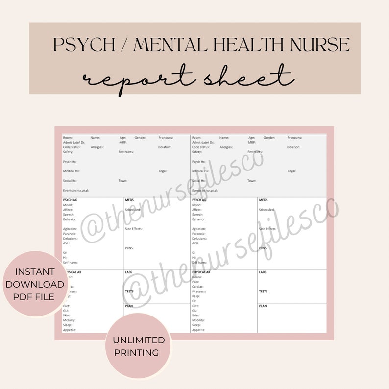 Psych Nurse Report Sheet | Mental Health Nurse Report - Etsy