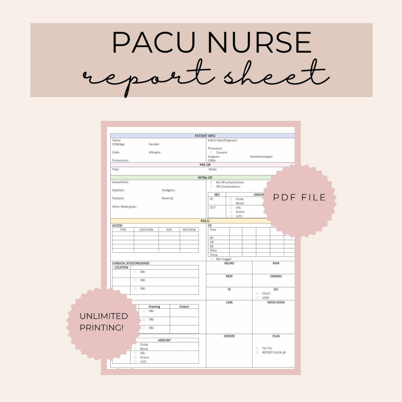 PACU Nurse Report Sheet PACU Handover Recovery Room Nurse - Etsy