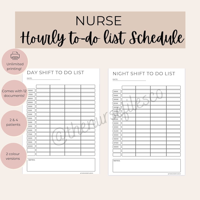 Nurse Hourly to Do List Schedule | Nurse Timeline Organizer | Nurse ...
