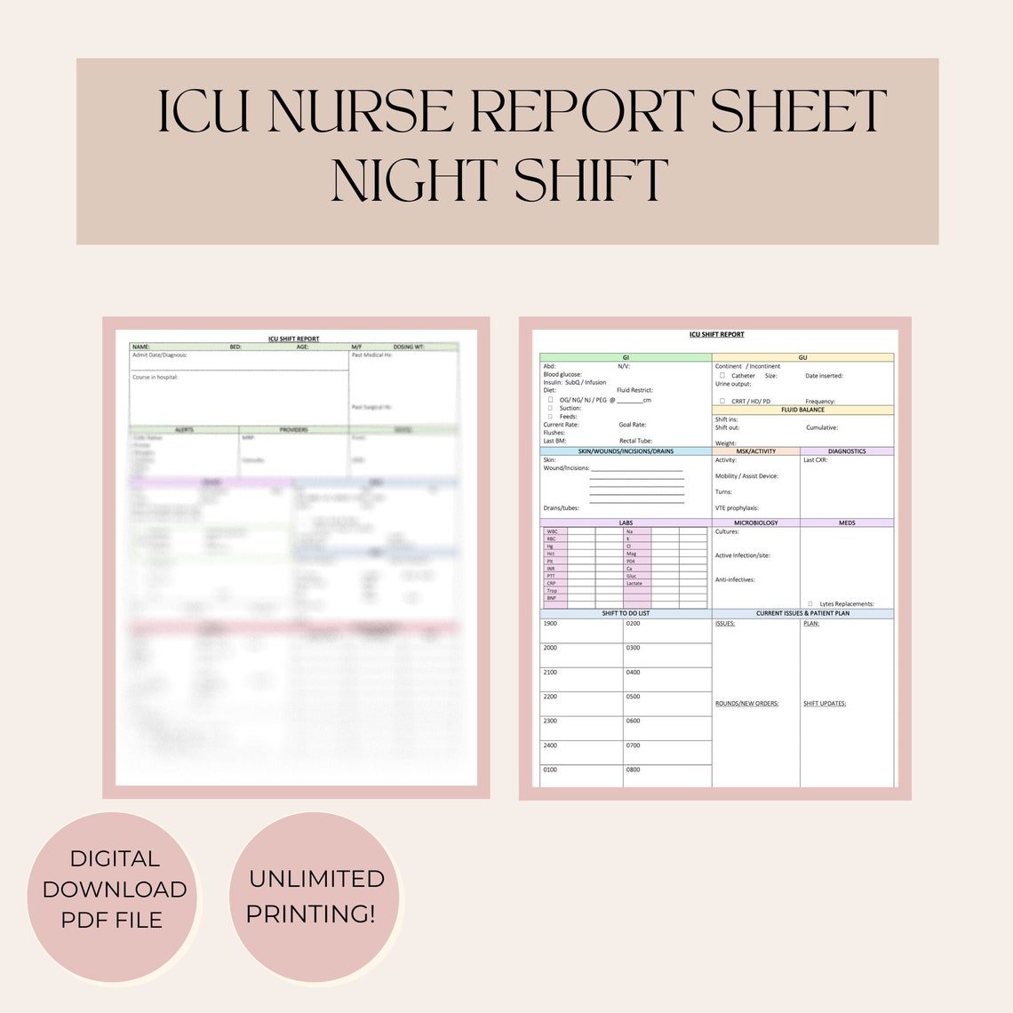 ICU Nurse Night Shift Report Sheet - Etsy