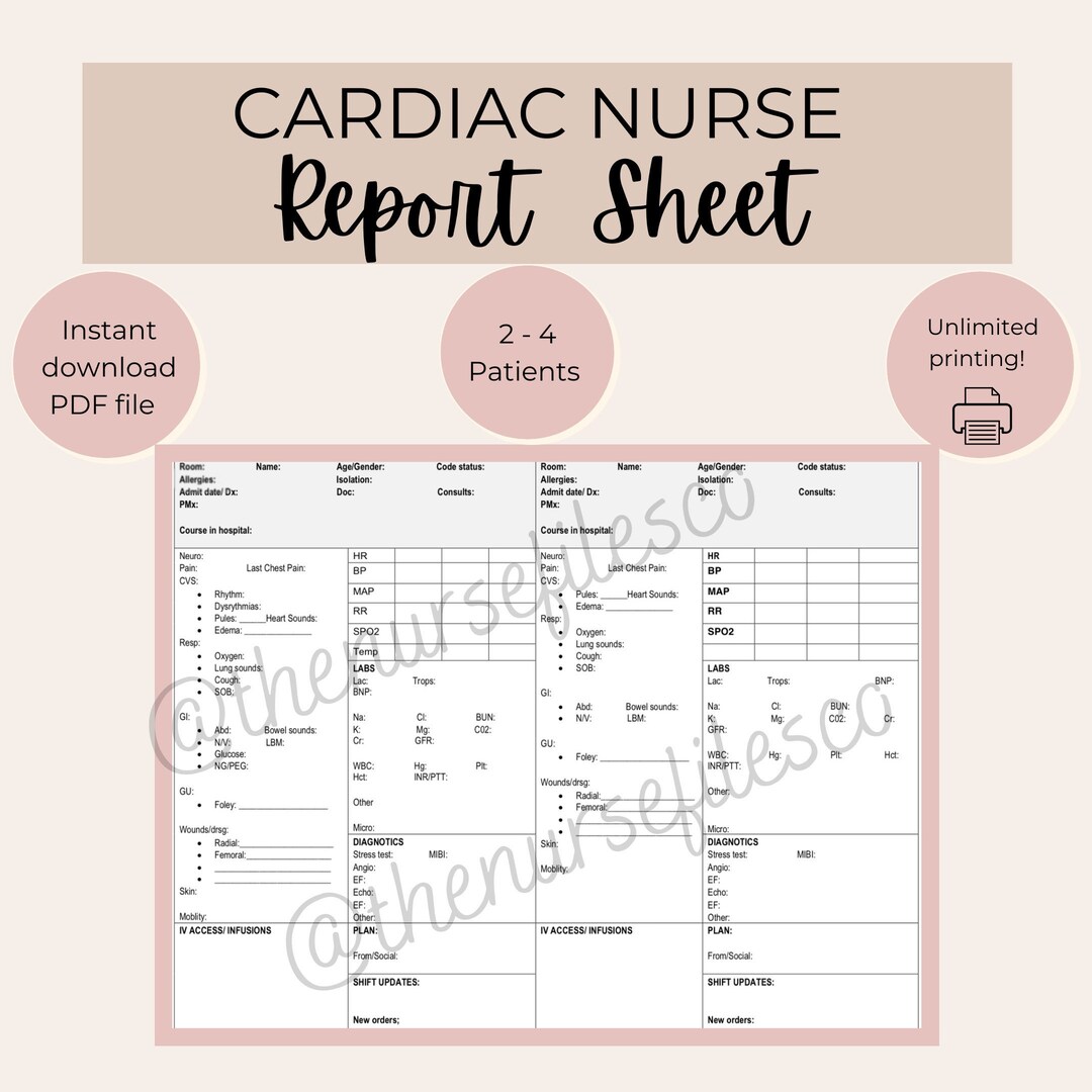 Cardiac Nurse Template Cardiac Nurse Report Sheet Cardiac - Etsy