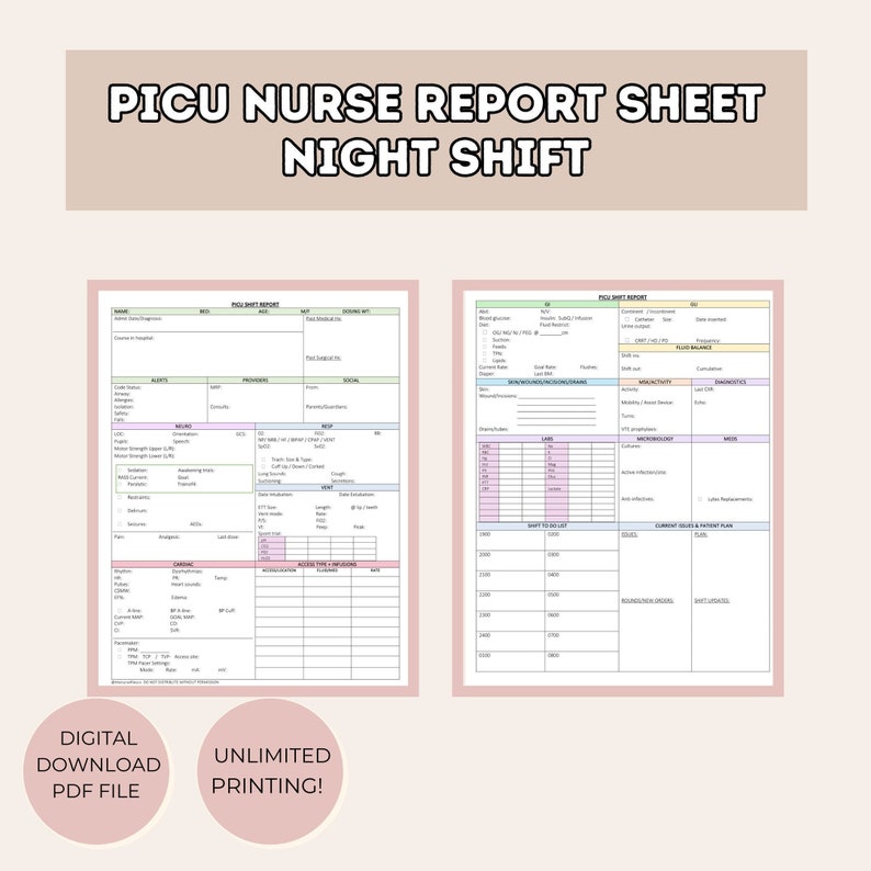 PICU Nurse Report NIGHT Shift | Peds ICU Report - Etsy