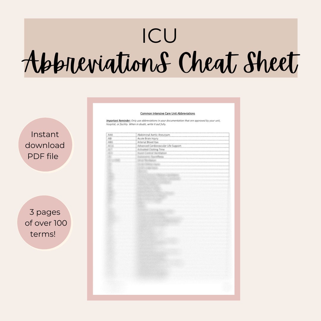 ICU Abbreviations Cheat Sheet ICU Nursing Cheat Sheet - Etsy