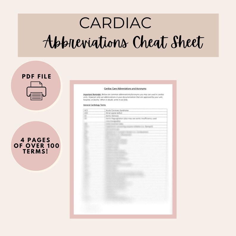 Cardiac Abbreviations Cheat Sheet Nursing Student Cheat - Etsy Canada
