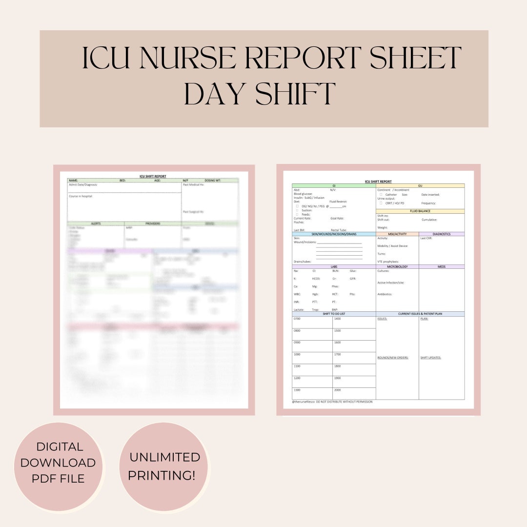 ICU Day Shift Nurse Template ICU Nurse Report Sheet ICU - Etsy