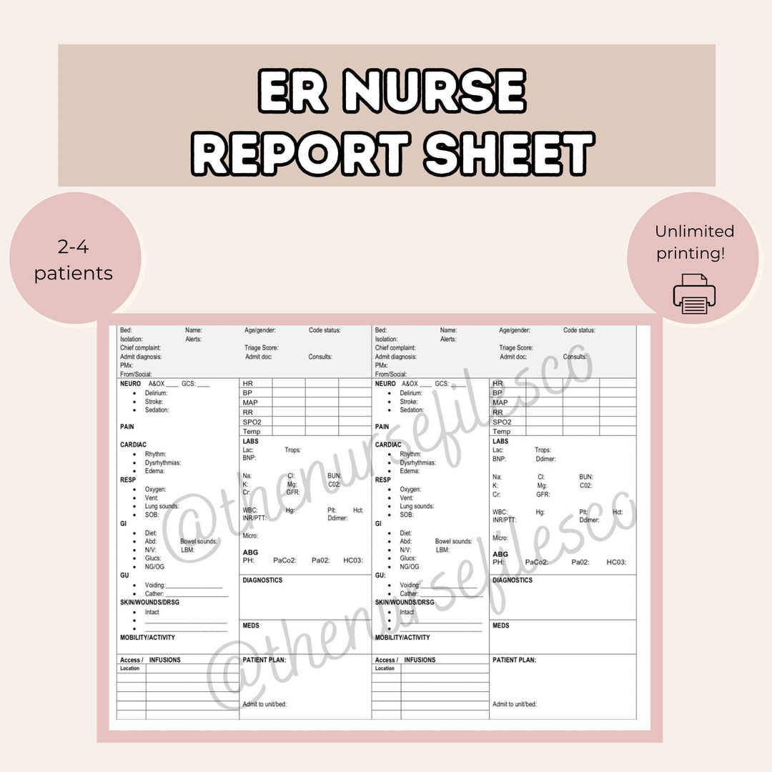 Emergency Room Nurse Report Sheet 2-4 Patients ER Shift Handover ER ...