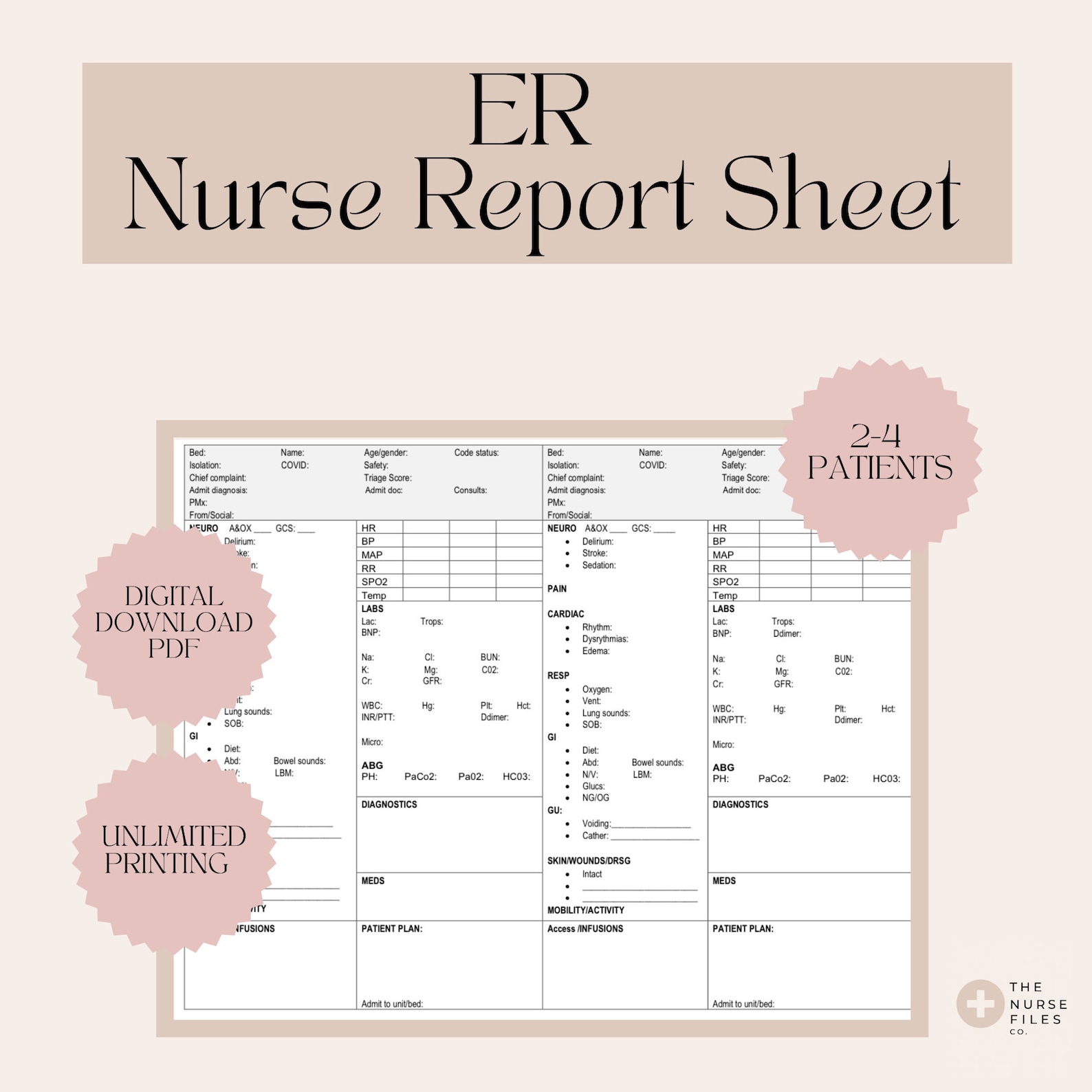 Emergency Room Nurse Report Sheet 2-4 Patients ER Shift - Etsy