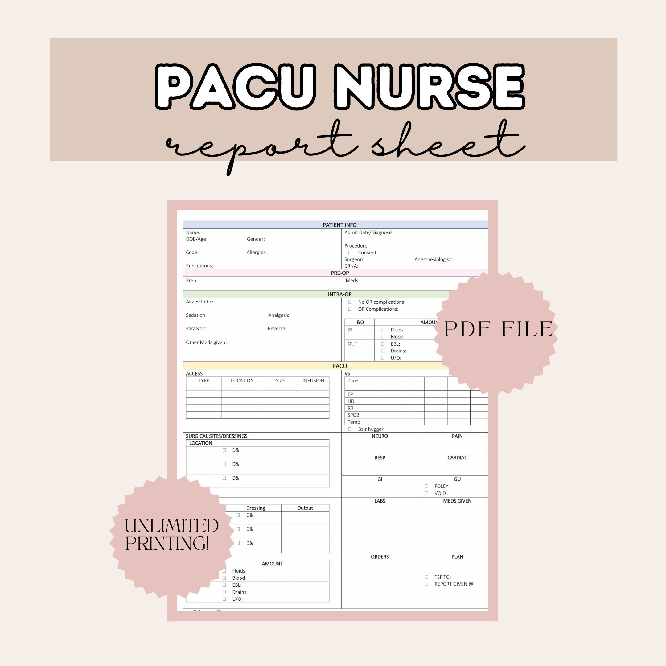 PACU Nurse Report Sheet | PACU Handover | Recovery Room Nurse Sheet ...