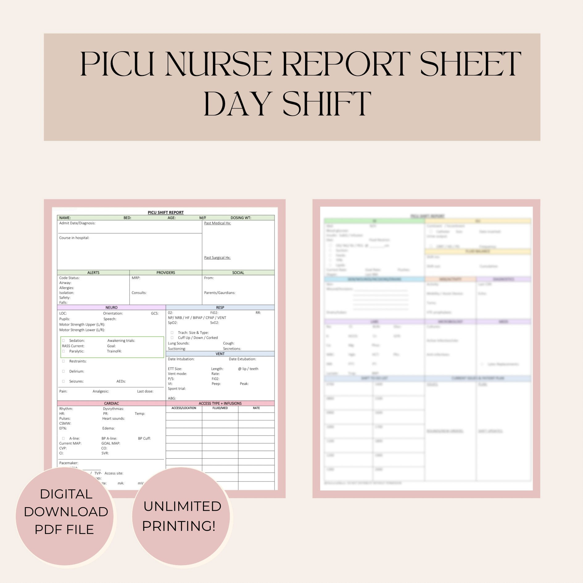 PICU Nurse Report Sheet DAY Shift Pediatric ICU Nurse Report - Etsy
