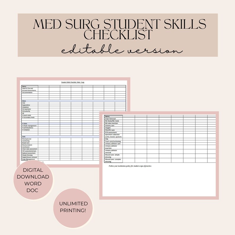Nursing Student Skills Checklist Med Surg Student Checklist - Etsy