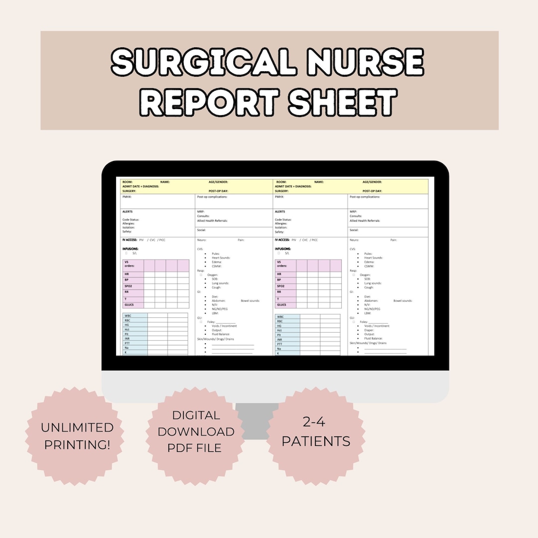 Surgical Nurse Report Sheet | Surgical Nursing - Etsy