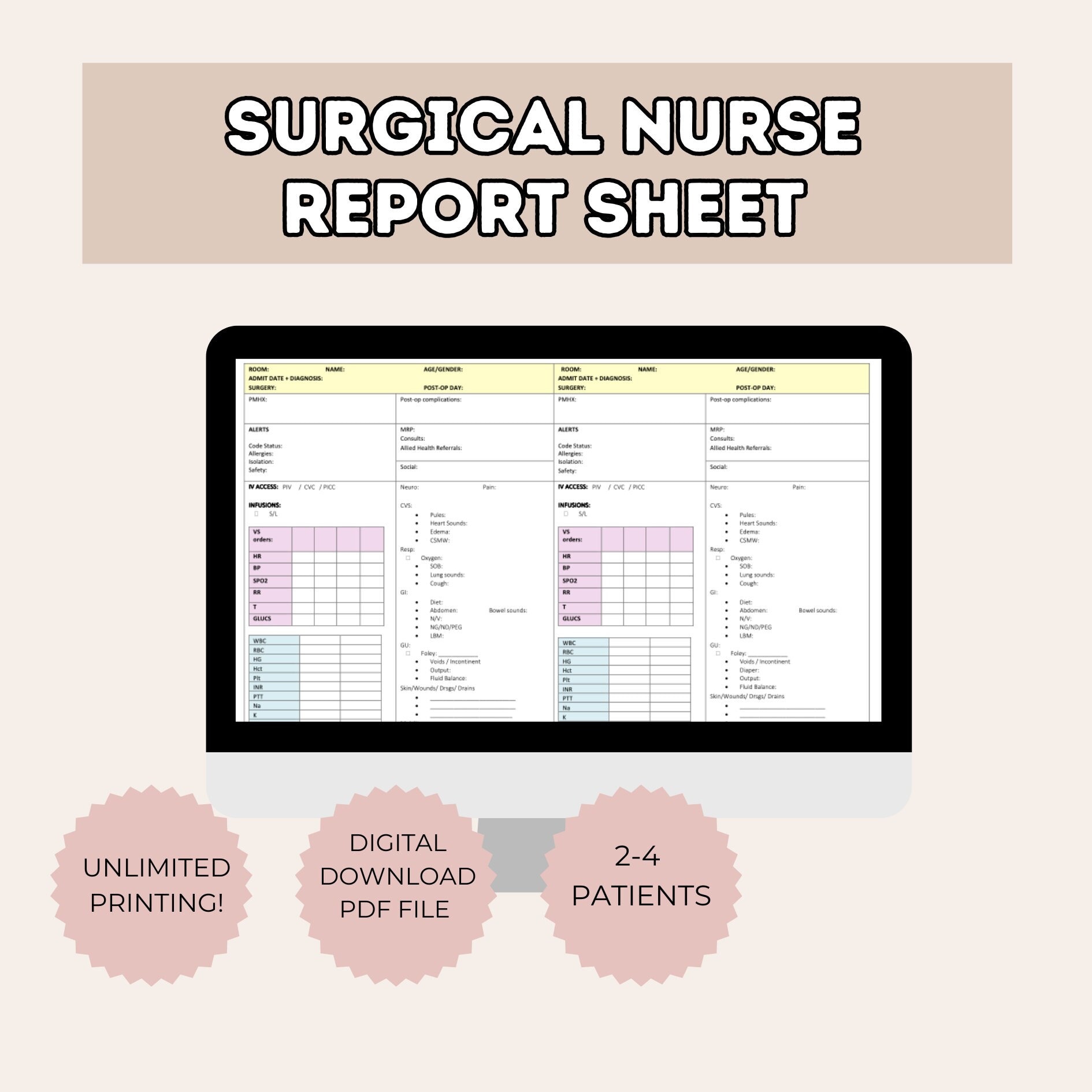Surgical Nurse Report Sheet Surgical Nursing - Etsy