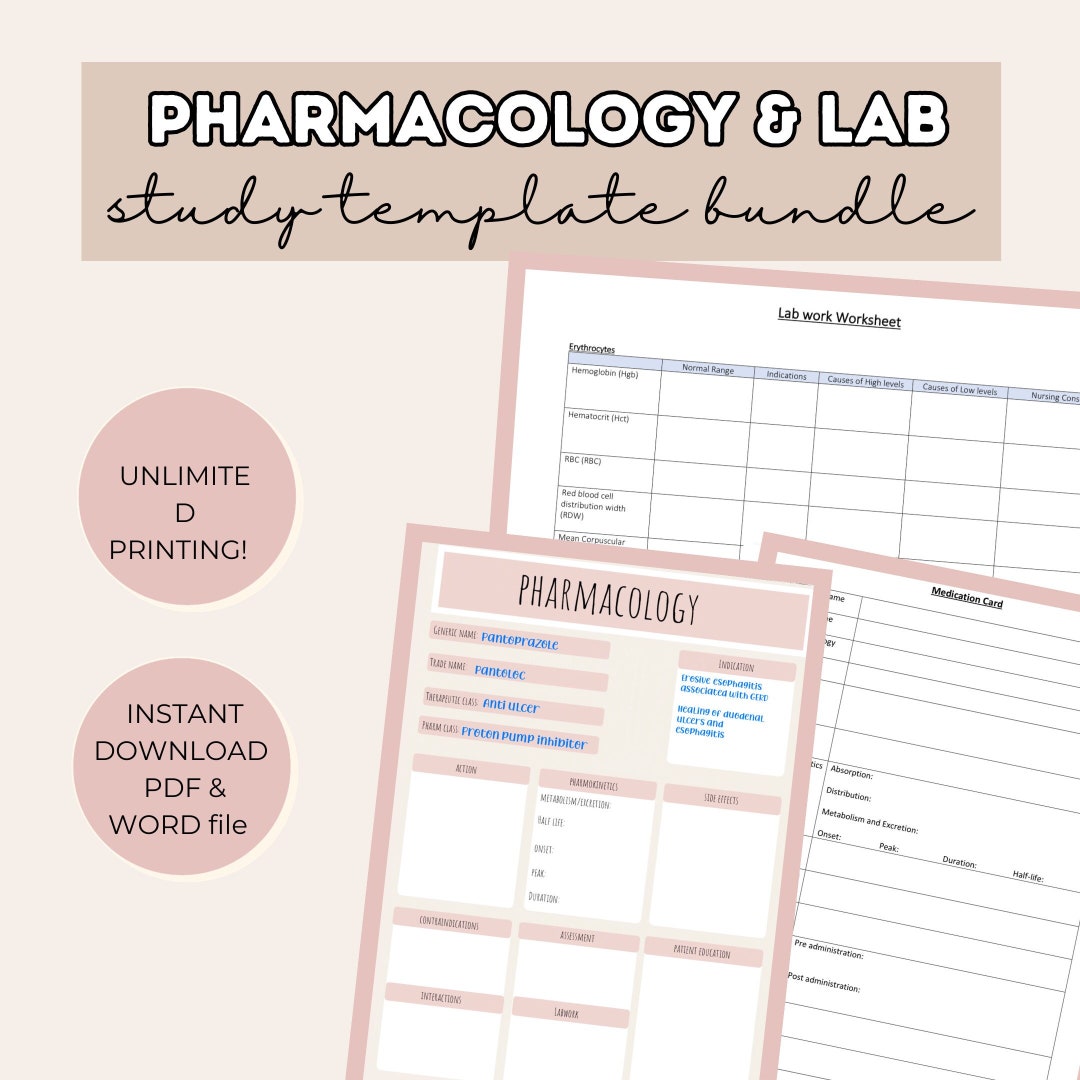 Pharmacology and Lab Work Study Templates Bundle | Medication Study ...