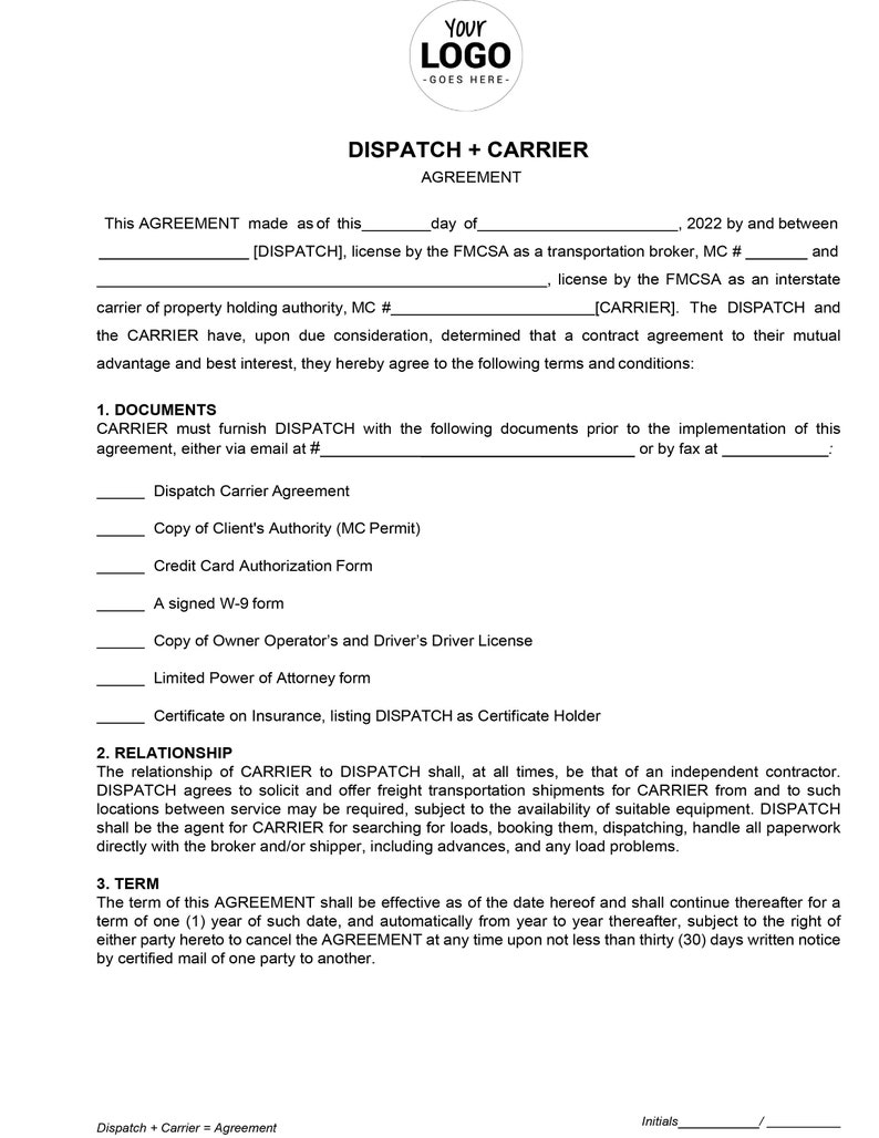 Freight Dispatcher and Carrier Agreement Including Welcome Packet ...