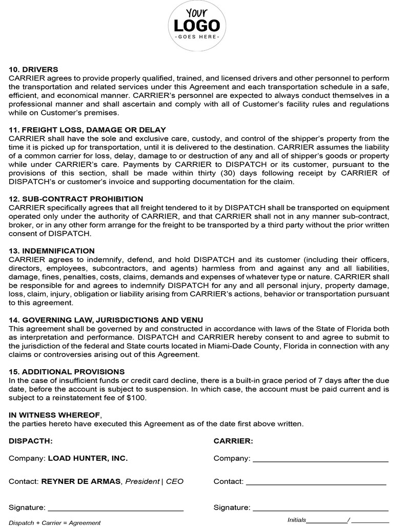 Blank Dispatcher Carrier Agreement Template Printable Word Searches