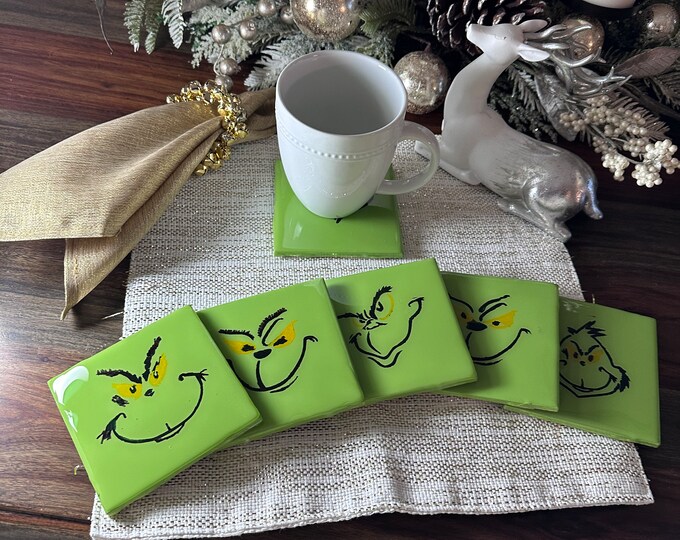 READY TO SHIP: Christmas Grinch Square Ceramic Coaster Set of 6 With ...