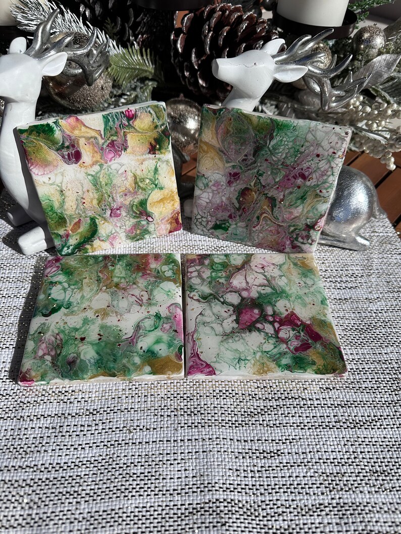 READY TO SHIP: Ceramic Tile Drink Coaster Set of 4 Acrylic Pour Glossy ...