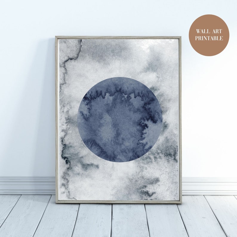 Digital SILVER MOON on Blue Modern Watercolor Abstract Printable ...