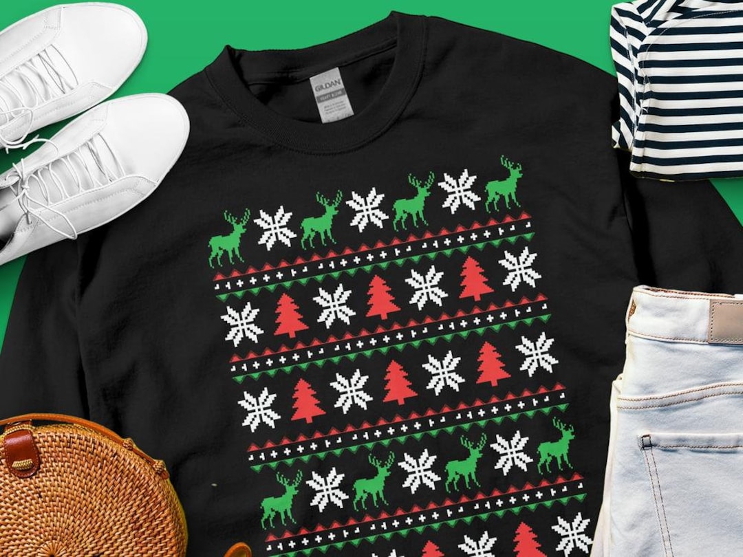 Ugly Christmas Sweater Trees and Reindeer, Xmas Crewneck Pullover - Etsy