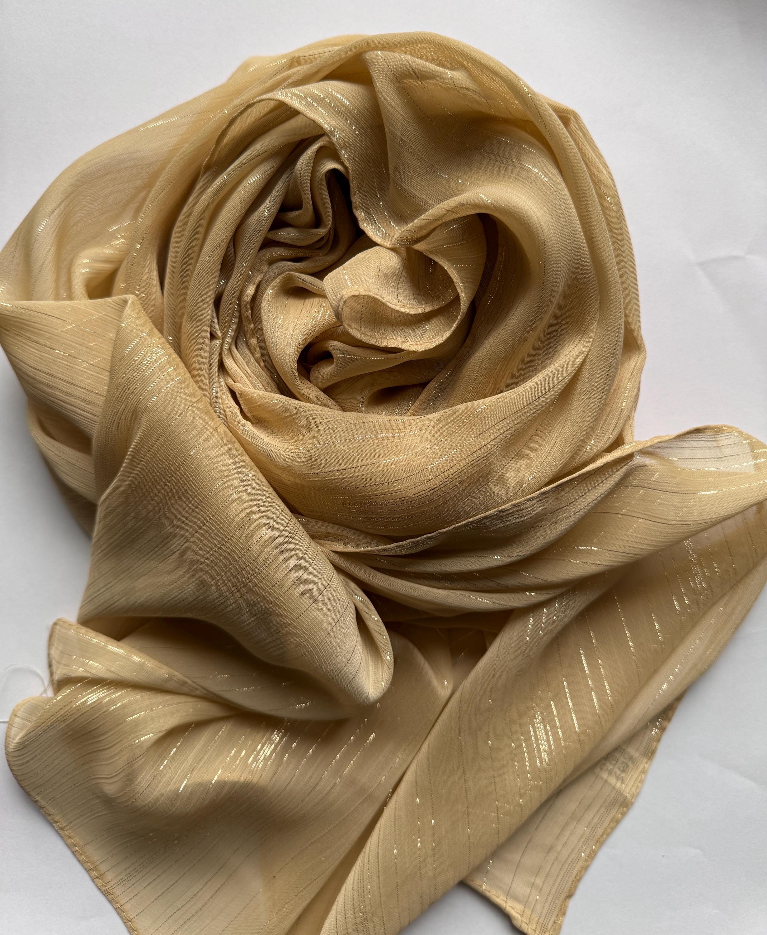 Luxury Light Cream Gold 100% Chiffon Scarf Warp Bridal Wedding Xmas ...