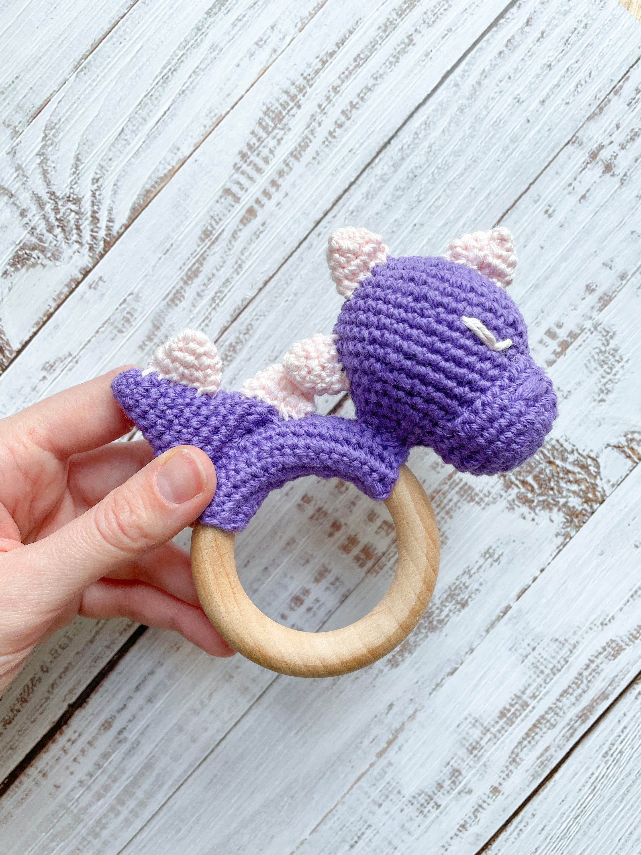 Dinosaur Rattle Sensory Toy Handmade Wood & Cotton Newborn Baby Gift ...
