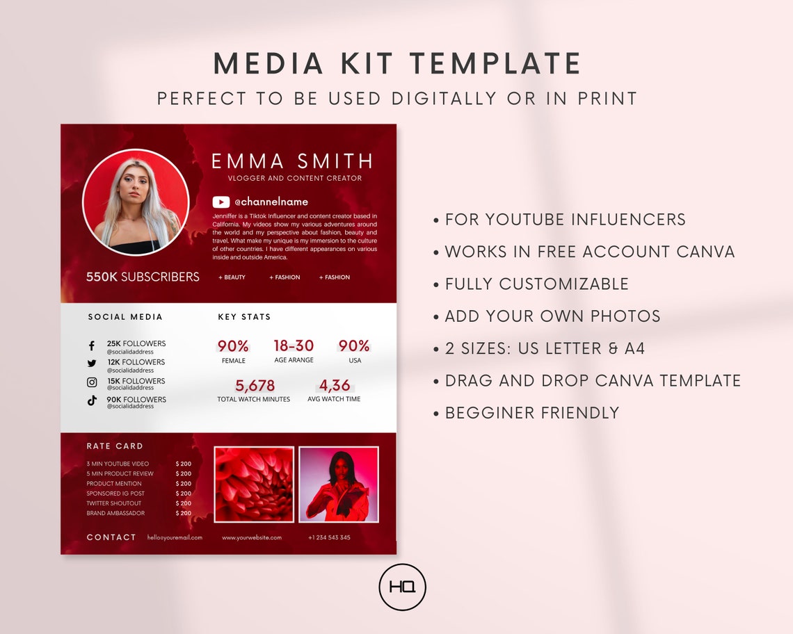 Media Kit Template Canva for Youtube Influencer | One Page Media Kit ...