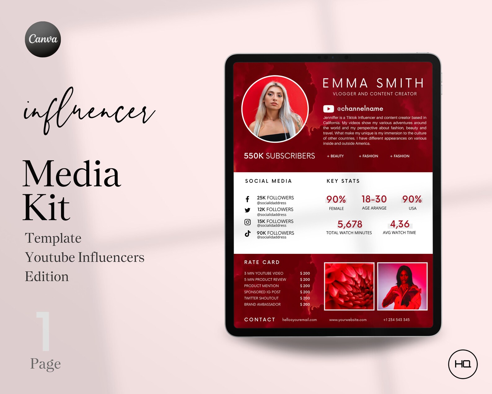 Media Kit Template Canva for Youtube Influencer | One Page Media Kit ...