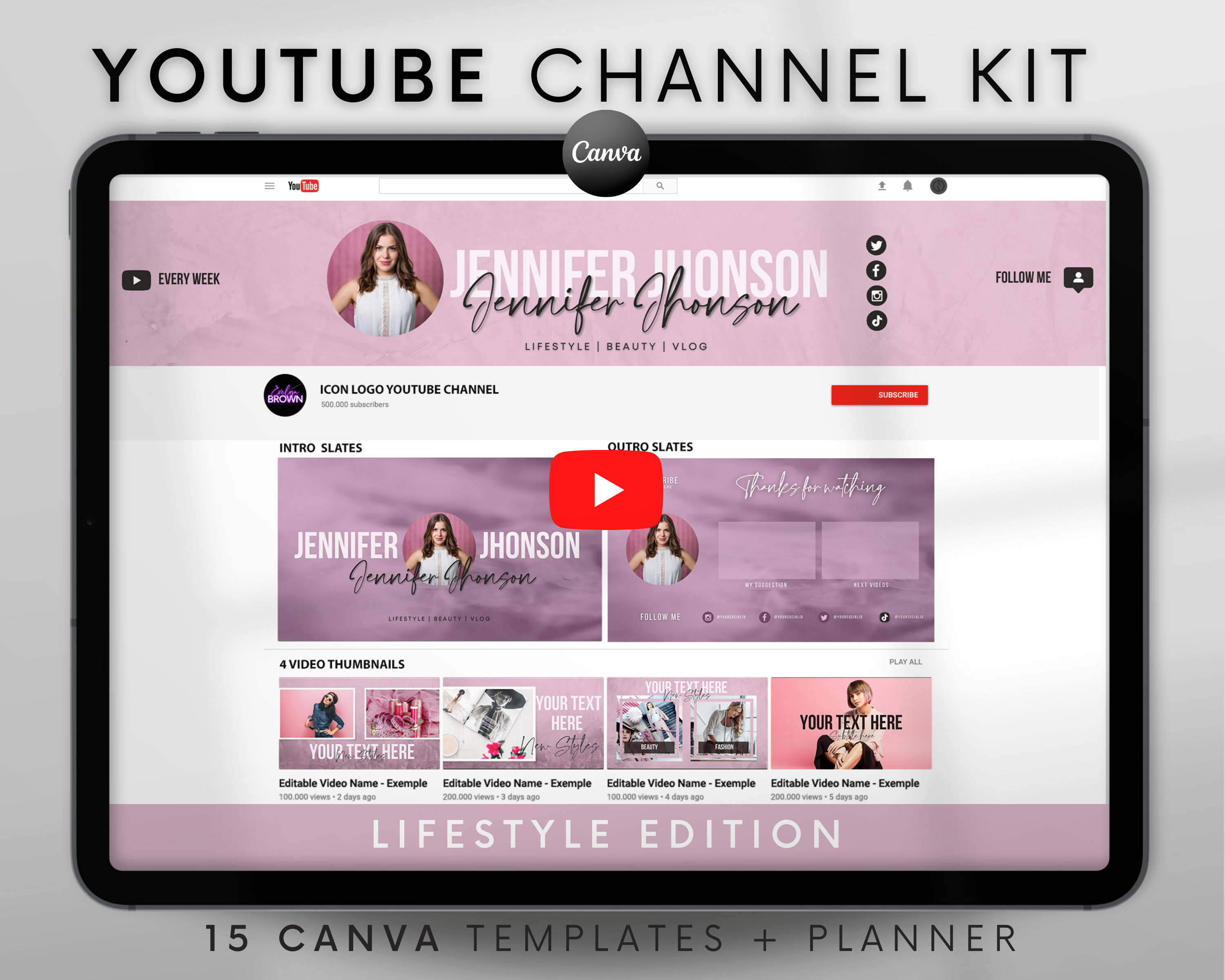 Youtube Channel Kit Pink Youtube Banner Intro Outro Video | Etsy