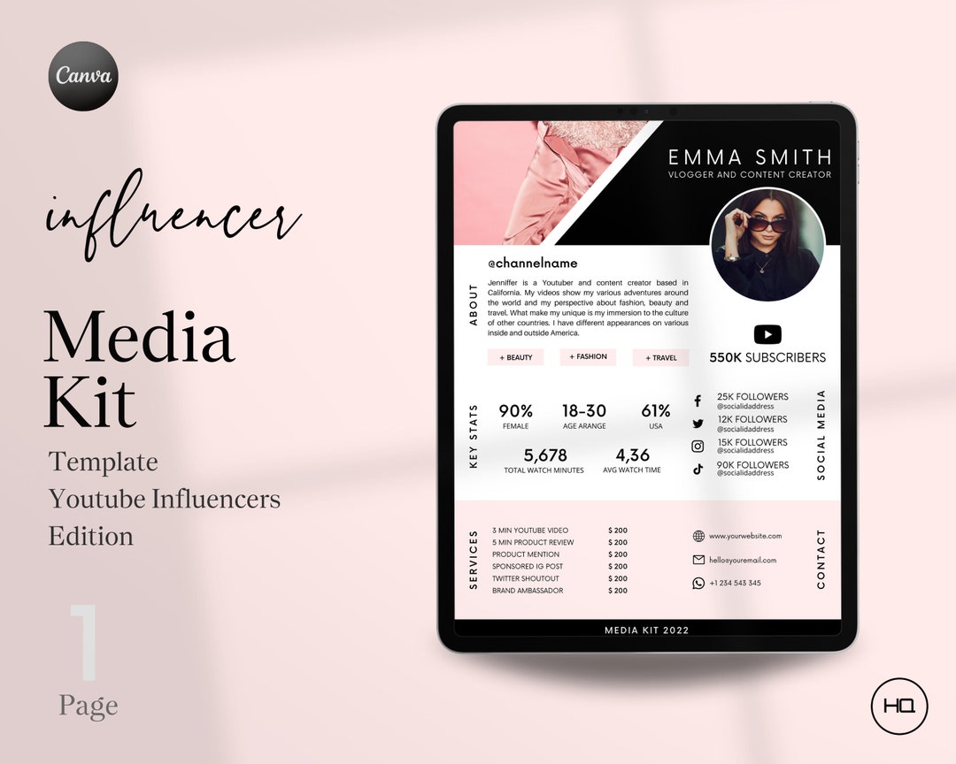 Media Kit Template Canva for Youtube Influencer | One Page Media Kit ...