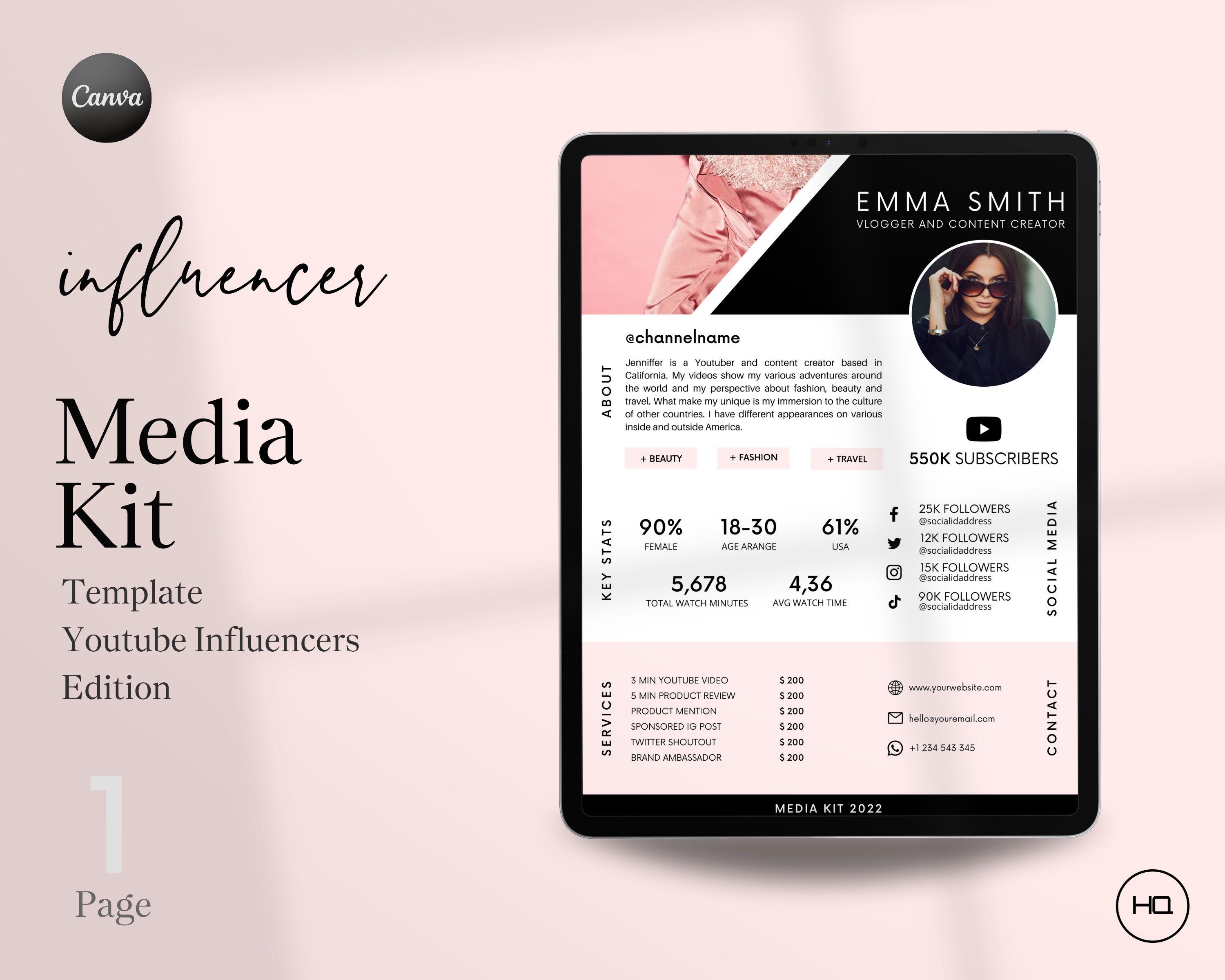 Media Kit Template Canva for Youtube Influencer | One Page Media Kit ...
